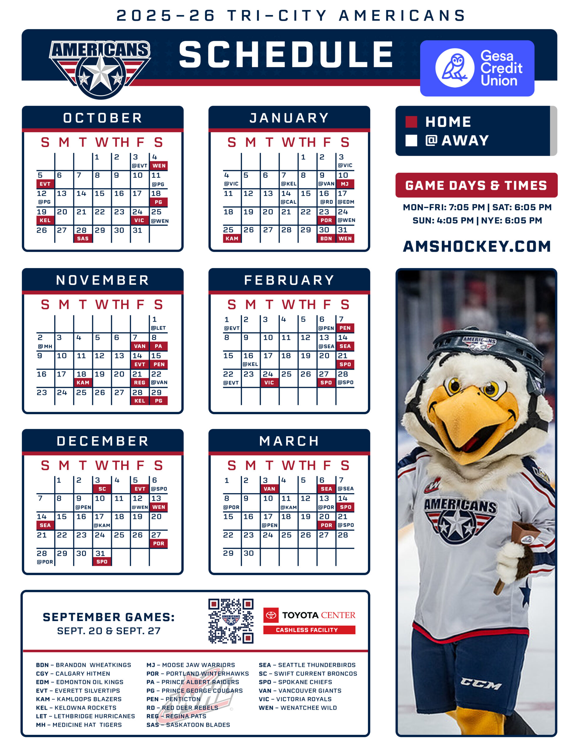 Tri-City Americans 2025 - 26 Regular Season Schedule