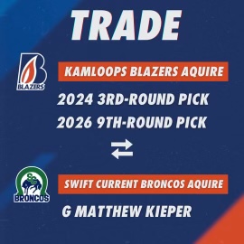 BLAZERS ACQUIRE DRAFT PICKS FOR MATTHEW KIEPER - Kamloops Blazers
