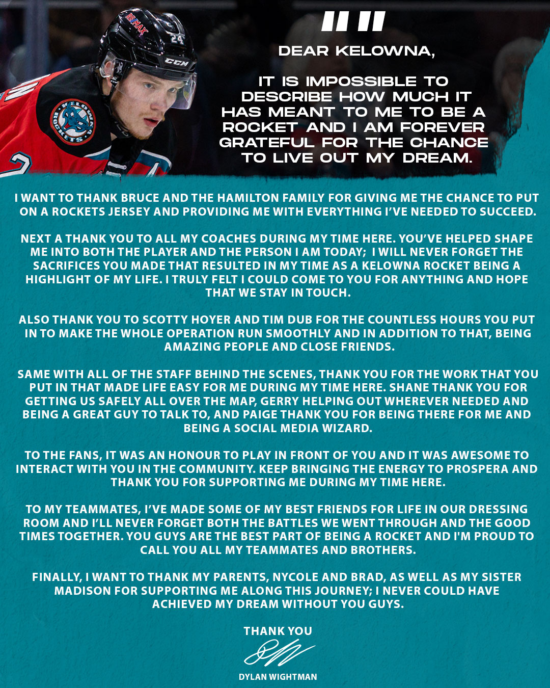 A note from Dylan Wightman - Kelowna Rockets