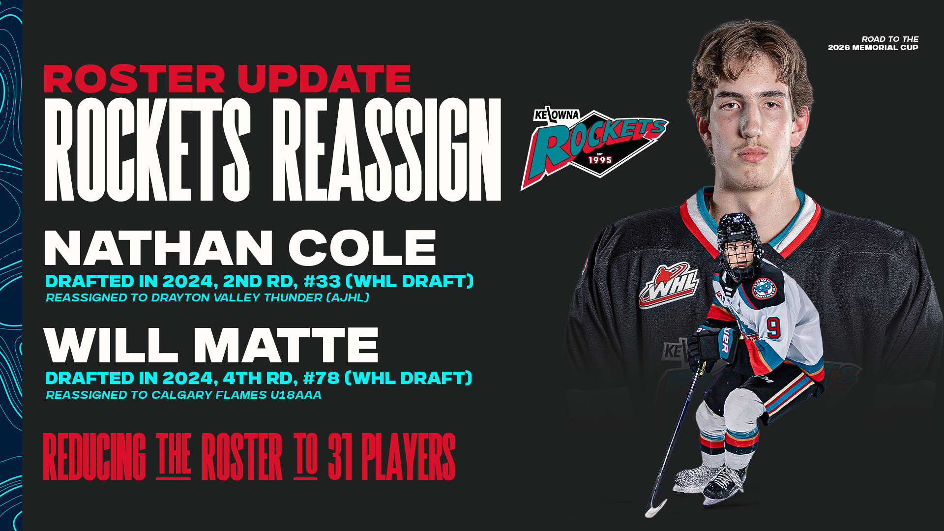 Rockets Reassign Forwards Nathan Cole and William Matte - Kelowna Rockets
