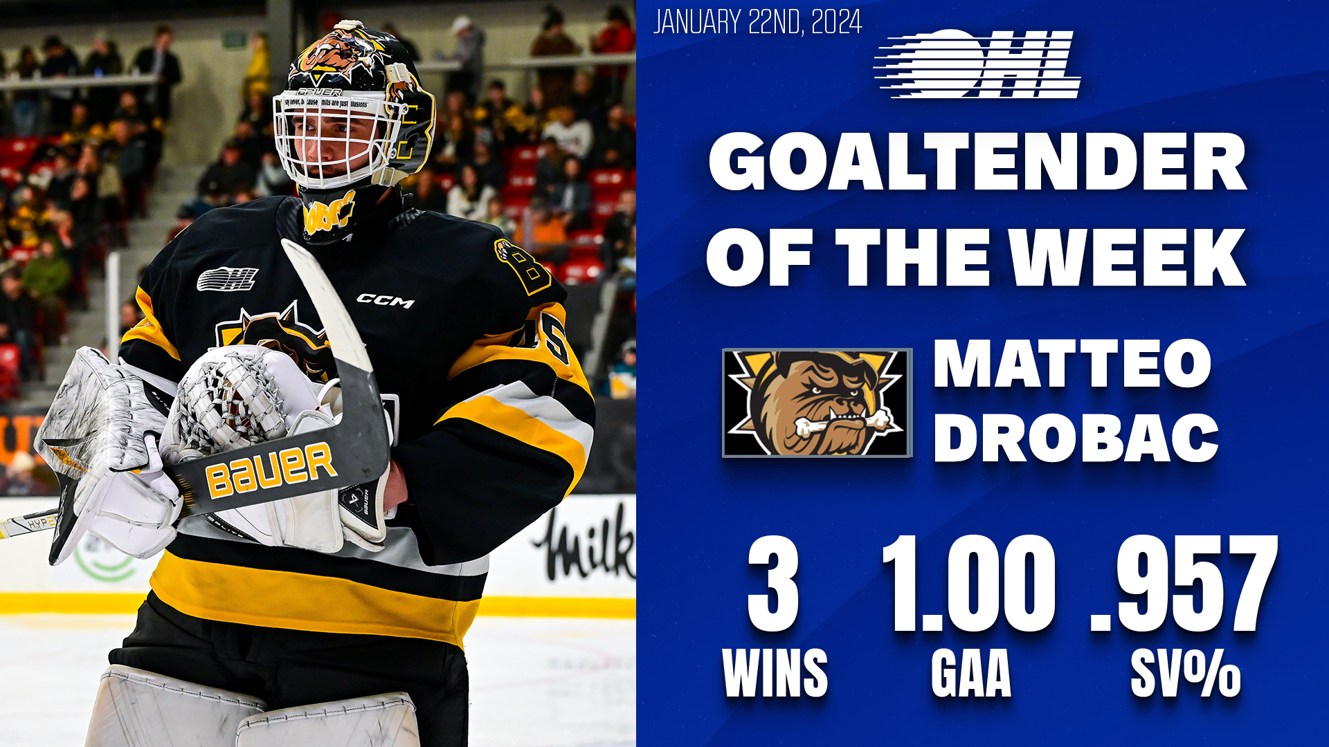 Bulldogs' Matteo Drobac named OHL Goaltender of the Week - Ontario ...