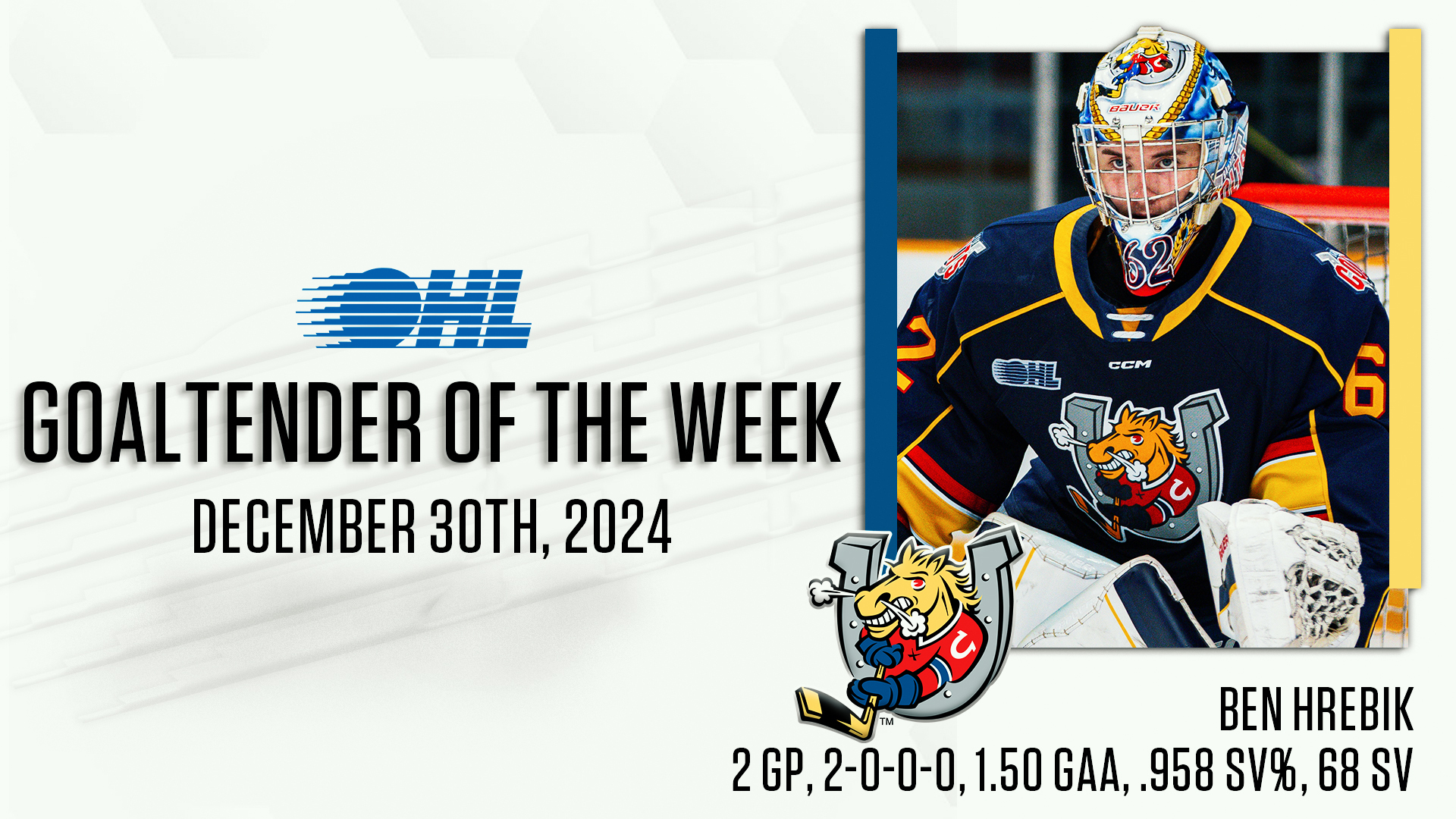 Colts' Ben Hrebik named OHL Goaltender of the Week - Barrie Colts