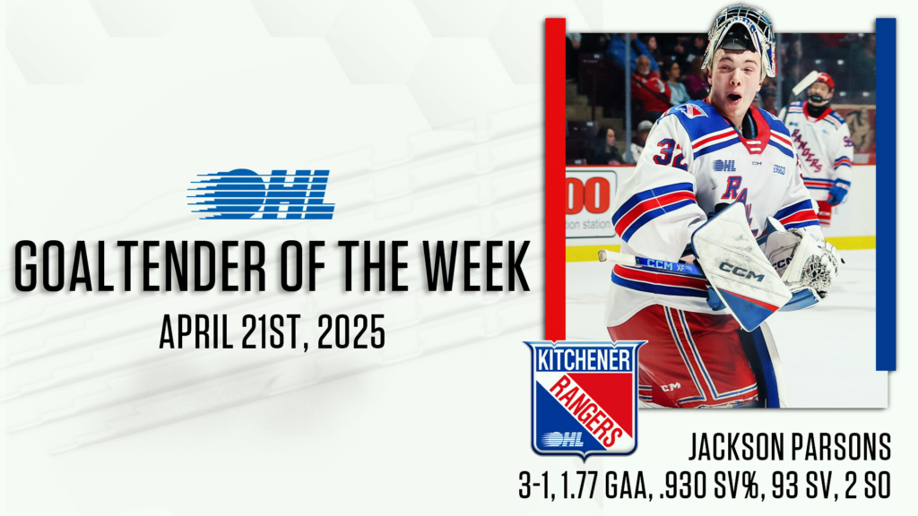 Rangers’ Jackson Parsons named OHL Goaltender of the Week - Ontario ...
