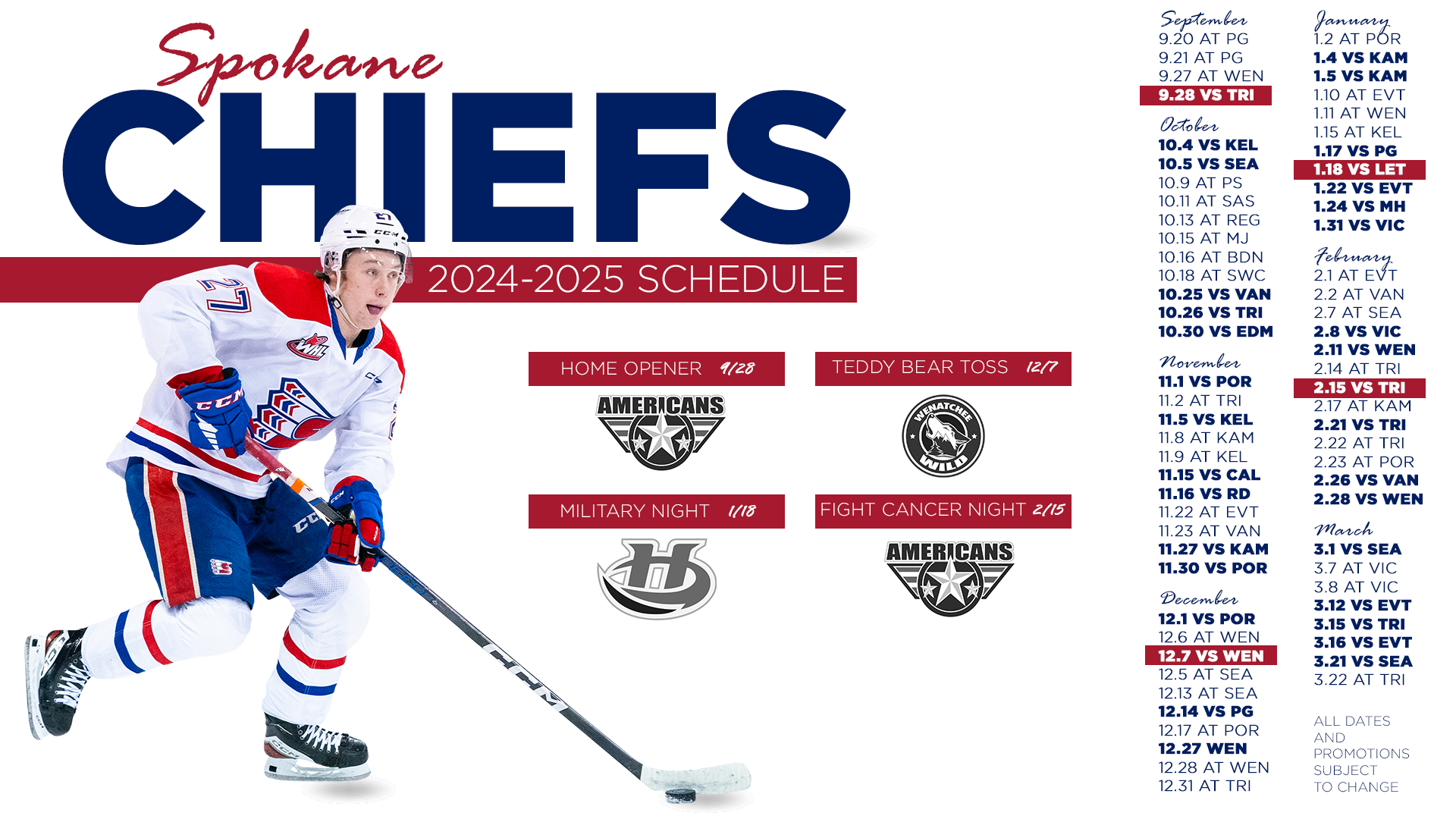 Chiefs' 2023-24 Regular Season schedule announced - Spokane Chiefs