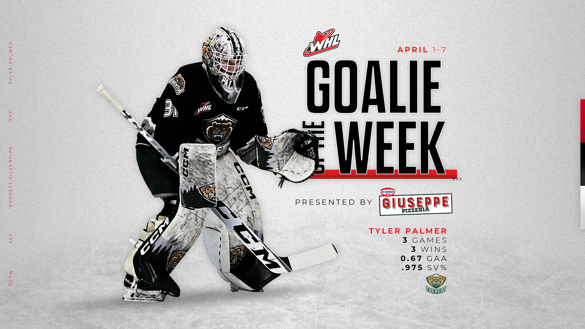 Silvertips netminder Palmer named Giuseppe WHL Goaltender of the Week - Western Hockey League