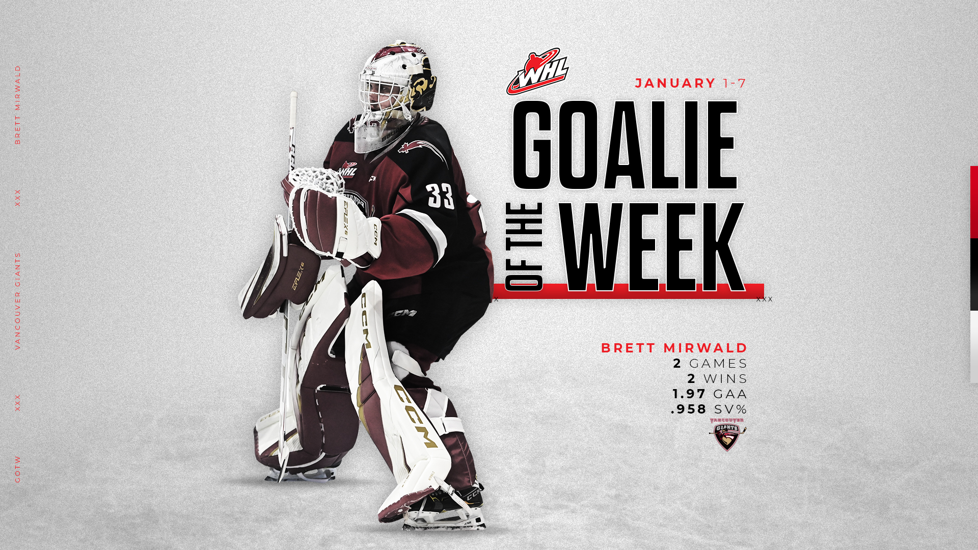 Mirwald Named WHL's Goaltender of the Week for 2nd Time - Vancouver Giants